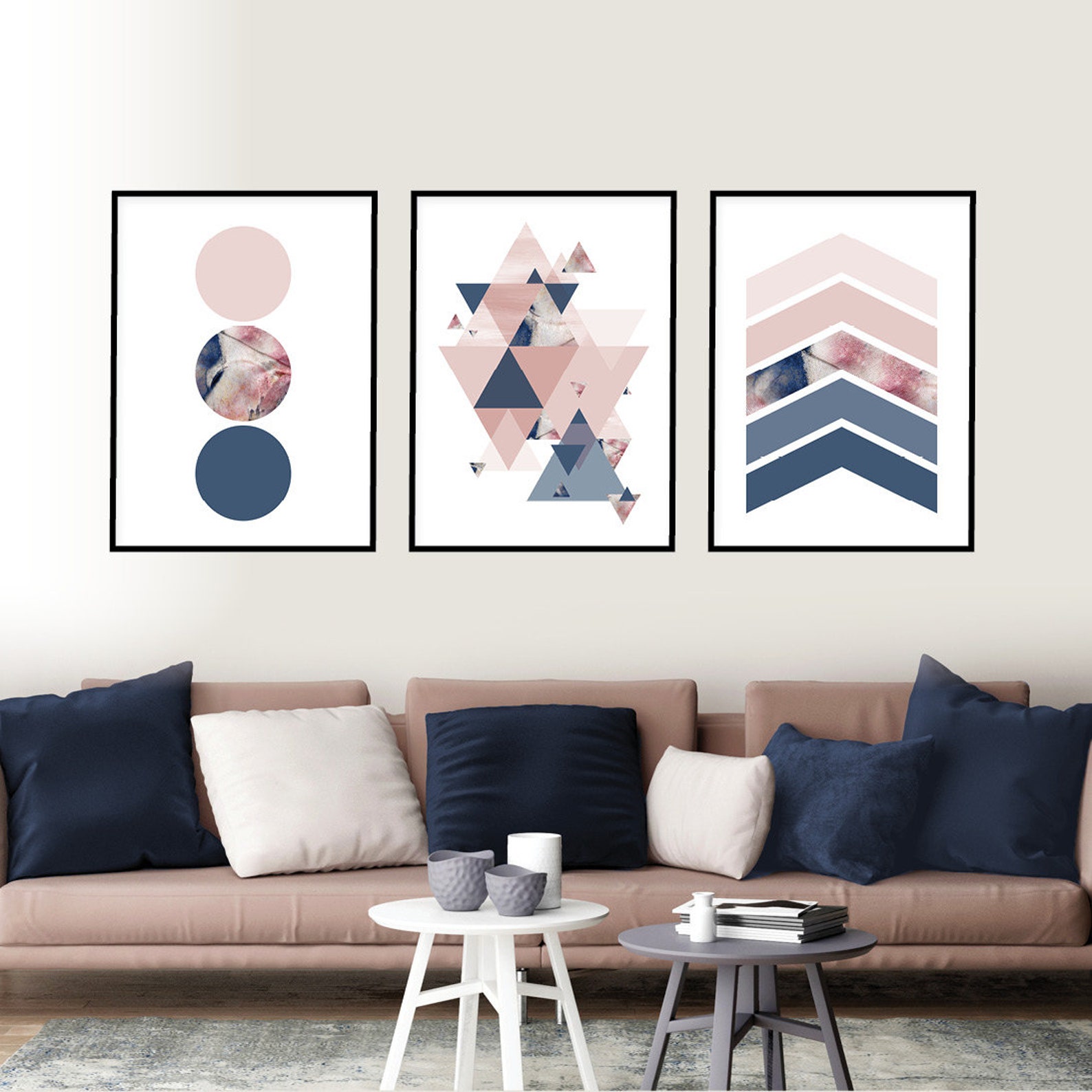 Printable Art, Blush, Navy, Set of 3, Geometric Navy Blush, Blue Blush ...