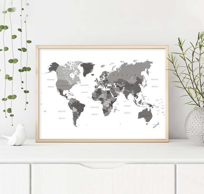Small World Map Printable Monochrome Black White and Gray - Etsy