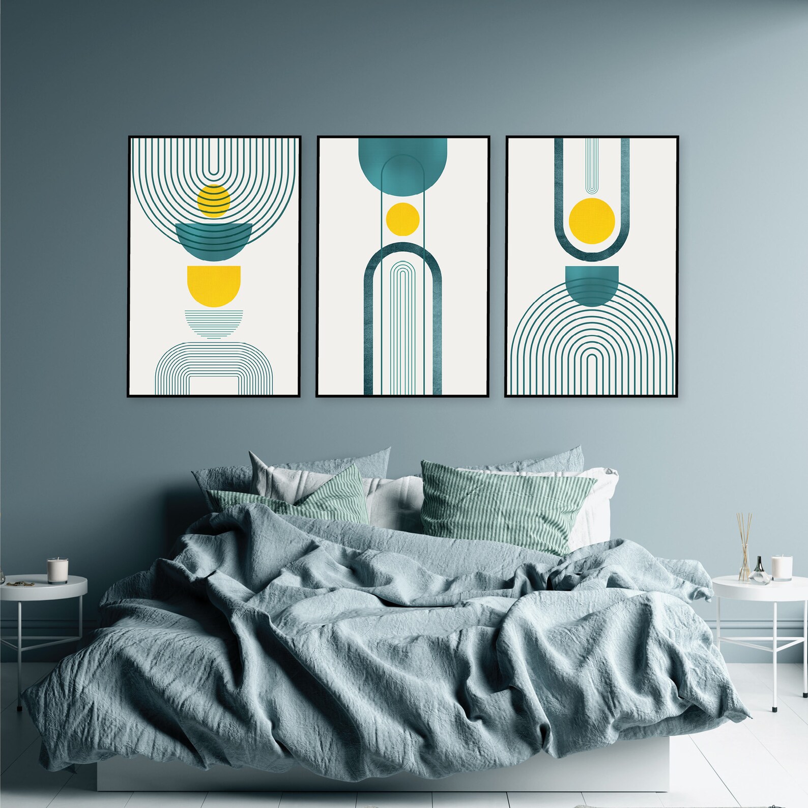 Printable Modern Mid Century Set of 3 Teal Yellow - Etsy