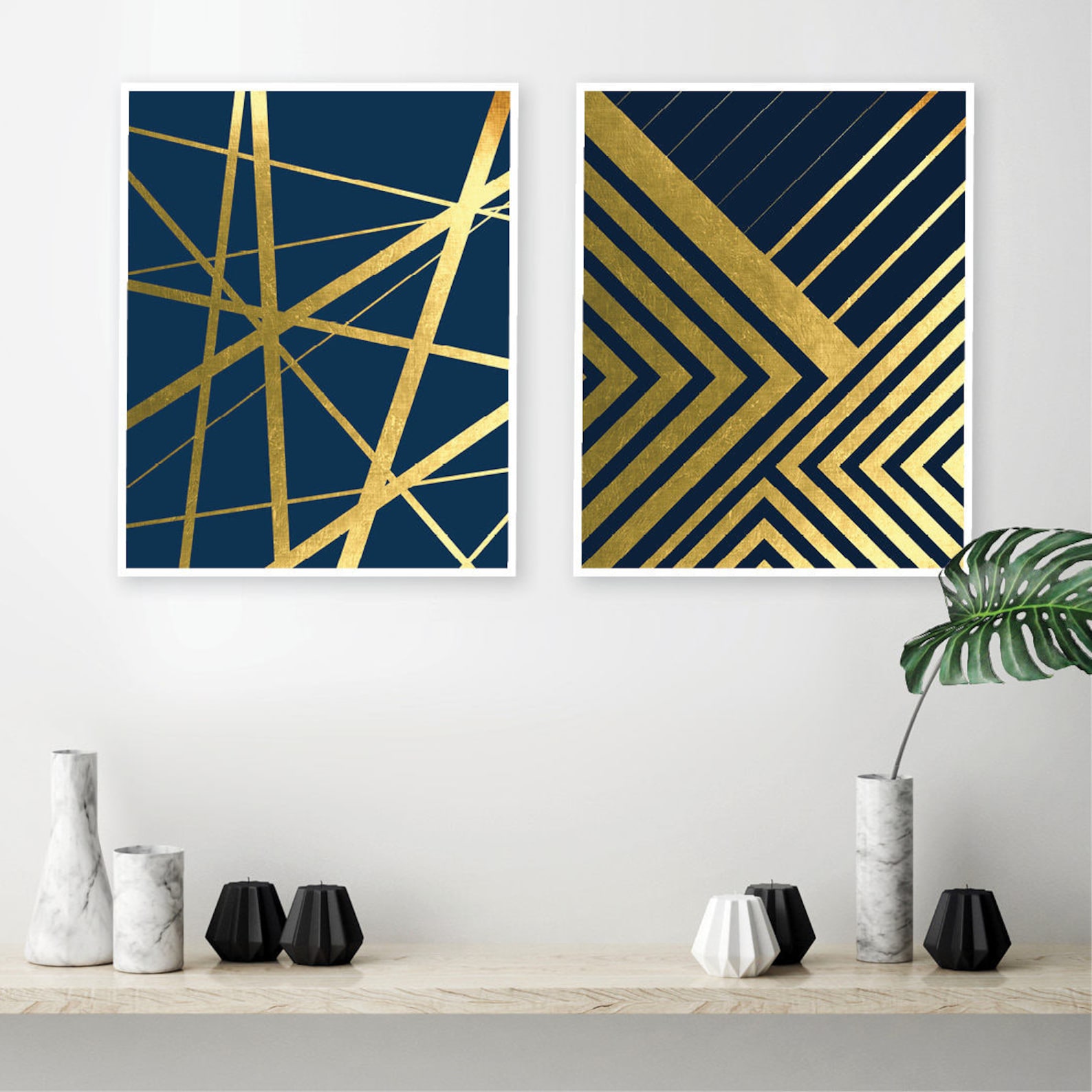 Set of 2 Printable Downloadable Geometric Prints Metallic Navy - Etsy