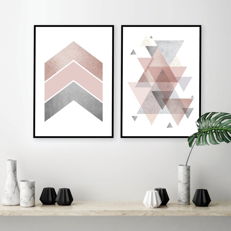 Set of 2 printable blush pink and grey geometric art prints | Etsy