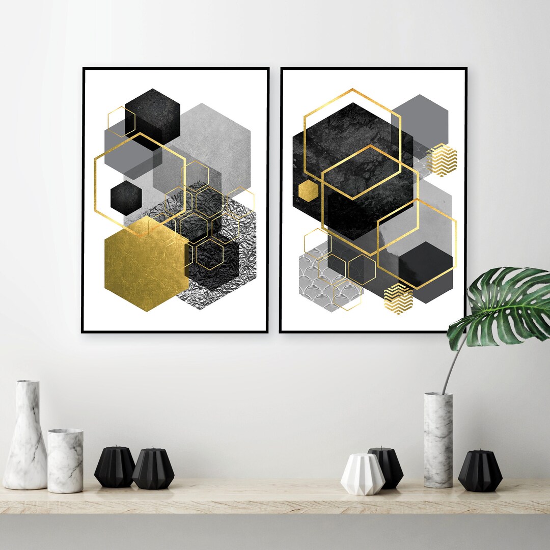 Printable Geometric Art, Set of 2 Prints Black White Grey Gold ...