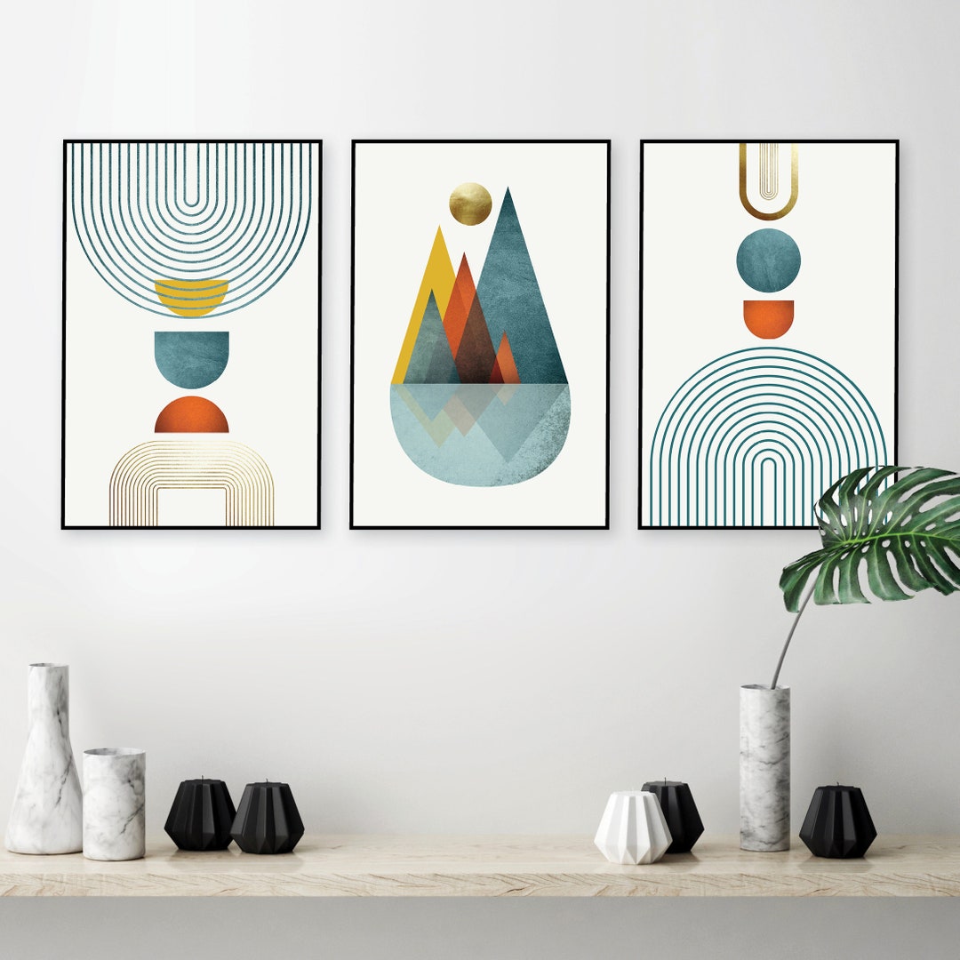 Printable Burnt Orange Teal Gold Wall Art, Art Set of 3, Mid Century ...