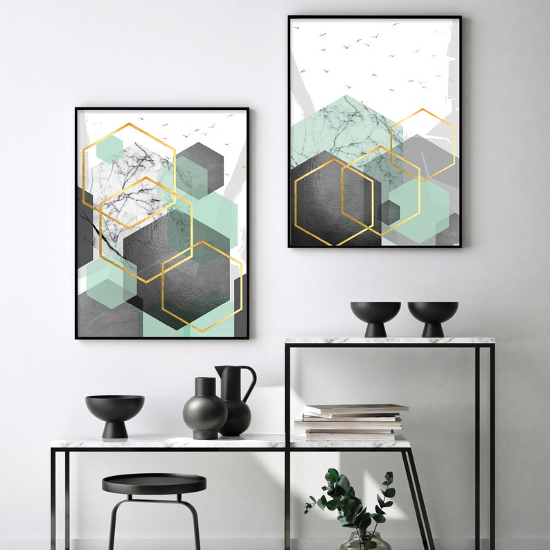 Set of 2 Mint Green Grey Gold Downloadable Geometric Prints - Etsy ...