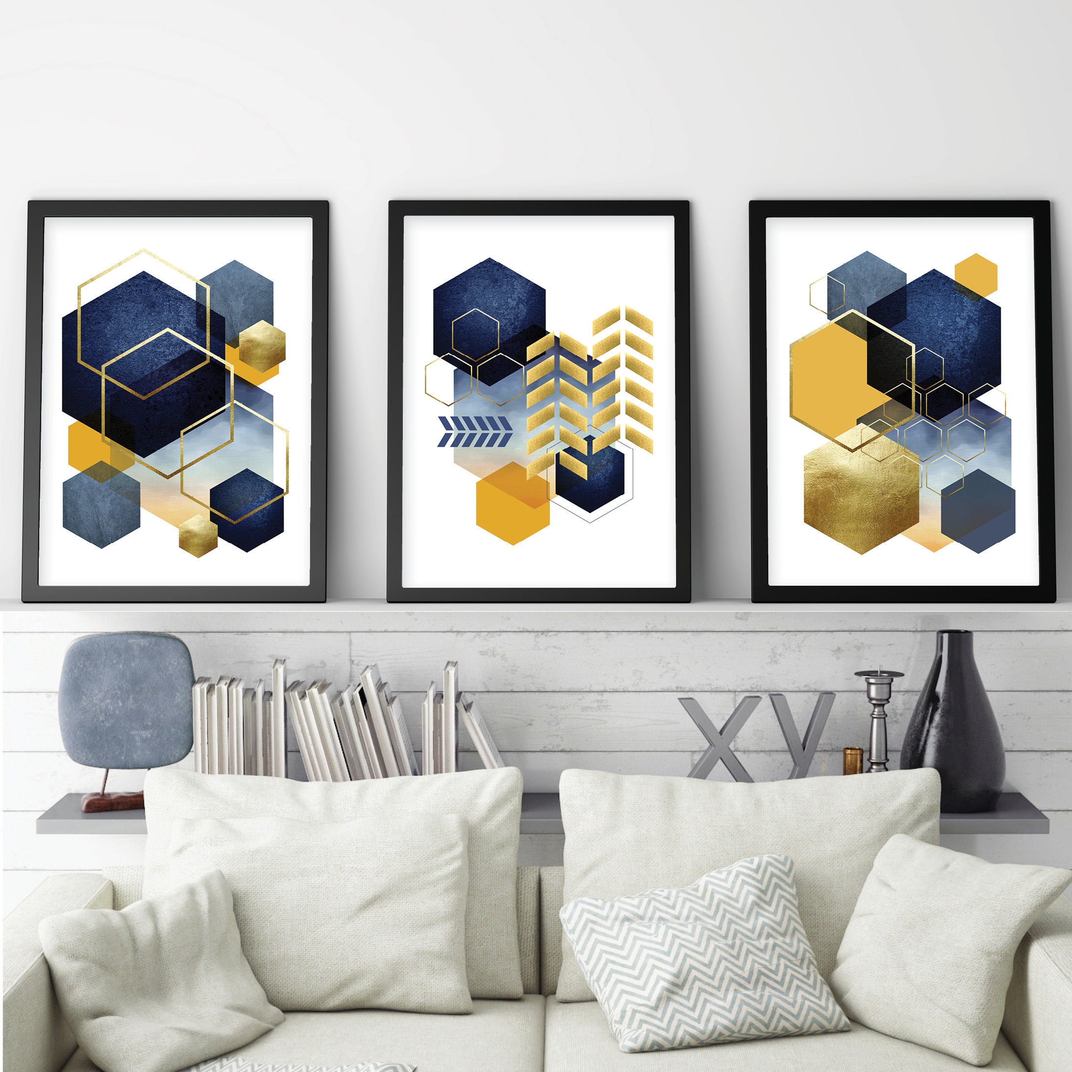 Printable Wall Art Geometric Navy Blue Mustard Yellow Blue | Etsy