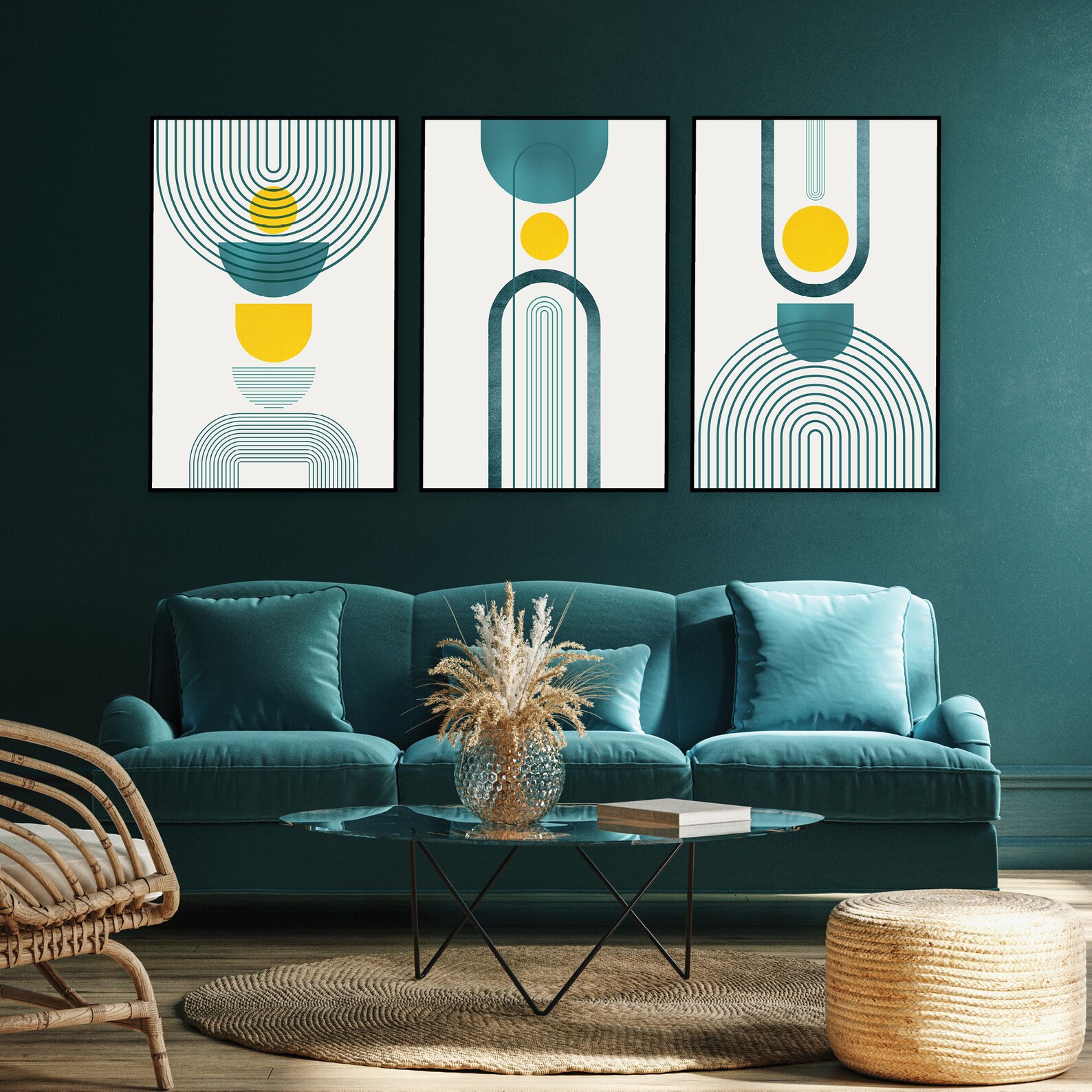 Printable Modern Mid Century Set of 3 Teal Yellow - Etsy
