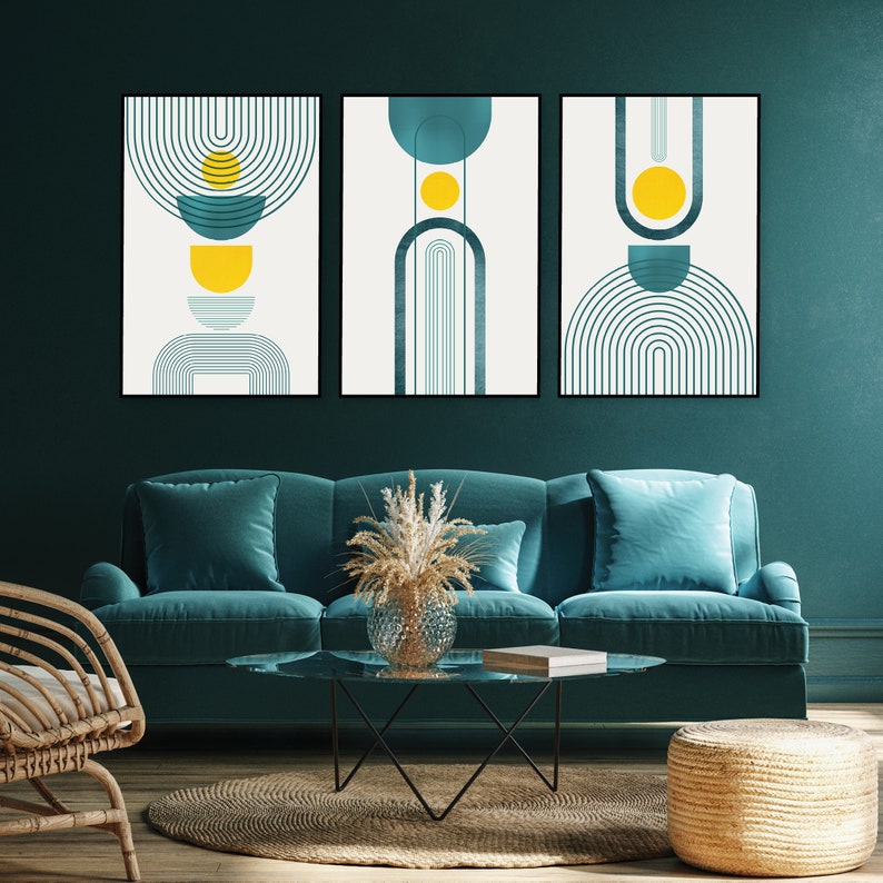 Printable Modern Mid Century Set of 3 Teal Yellow - Etsy