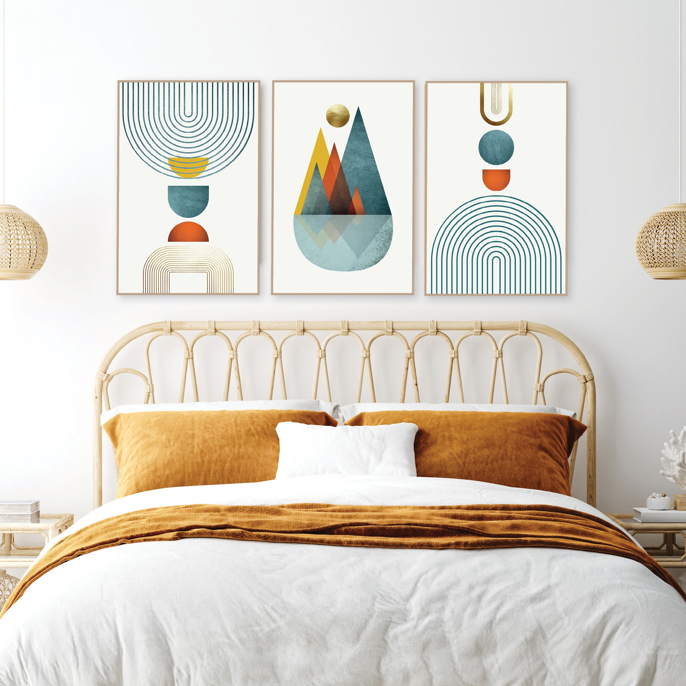 Printable Burnt Orange Teal Gold Wall Art, Art Set of 3, Mid Century ...
