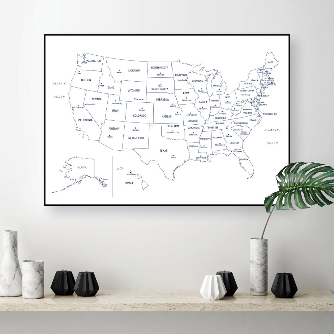 Minimalist US Map Printable White With Navy Blue Outline XL - Etsy