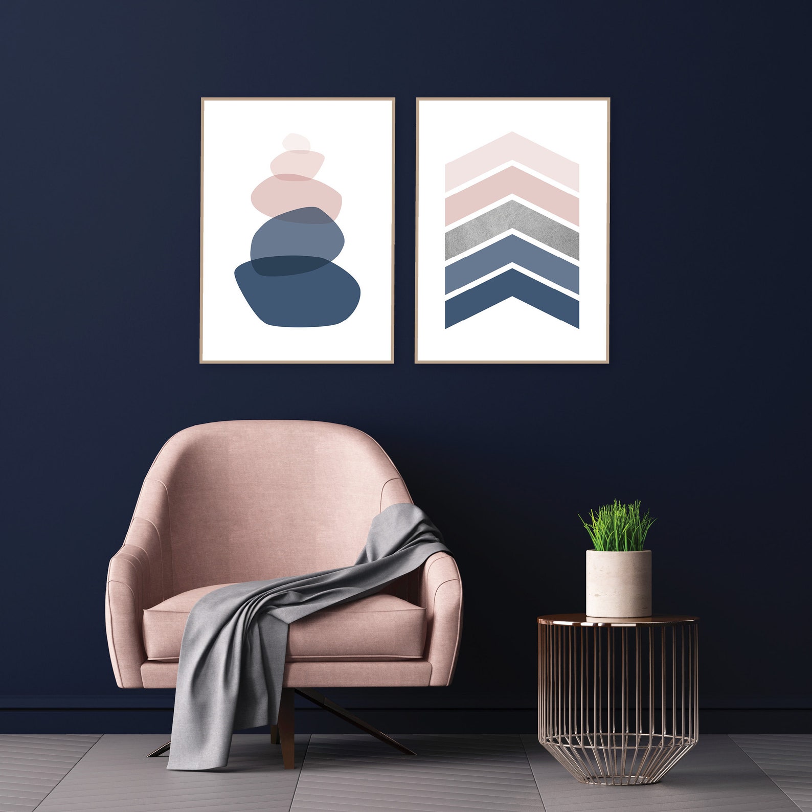 Set of 2 Downloadable Blush Pink Navy Blue Scandi Prints | Etsy