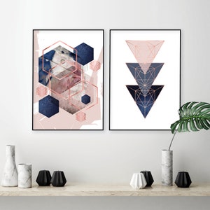 Set of 2 Printable Blush Pink Navy Blue Rose Gold Geometric | Etsy