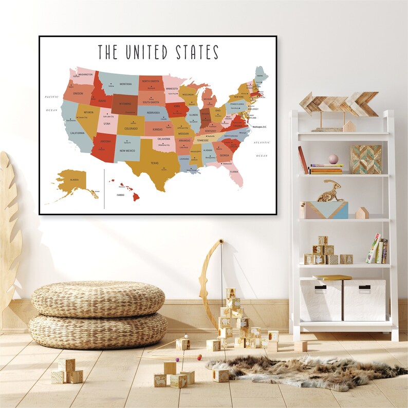 Printable US Map Poster Boho Colors Downloadable Home School - Etsy ...
