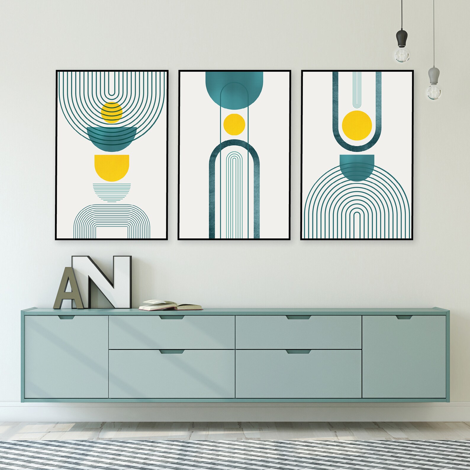 Printable Modern Mid Century Set of 3 Teal Yellow - Etsy