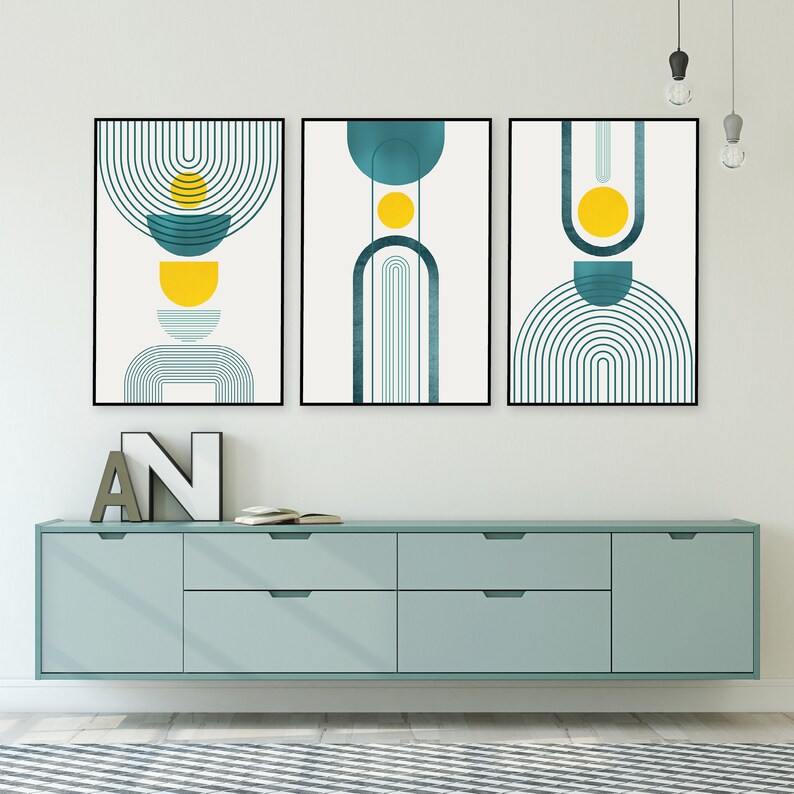 Printable Modern Mid Century Set of 3 Teal Yellow - Etsy