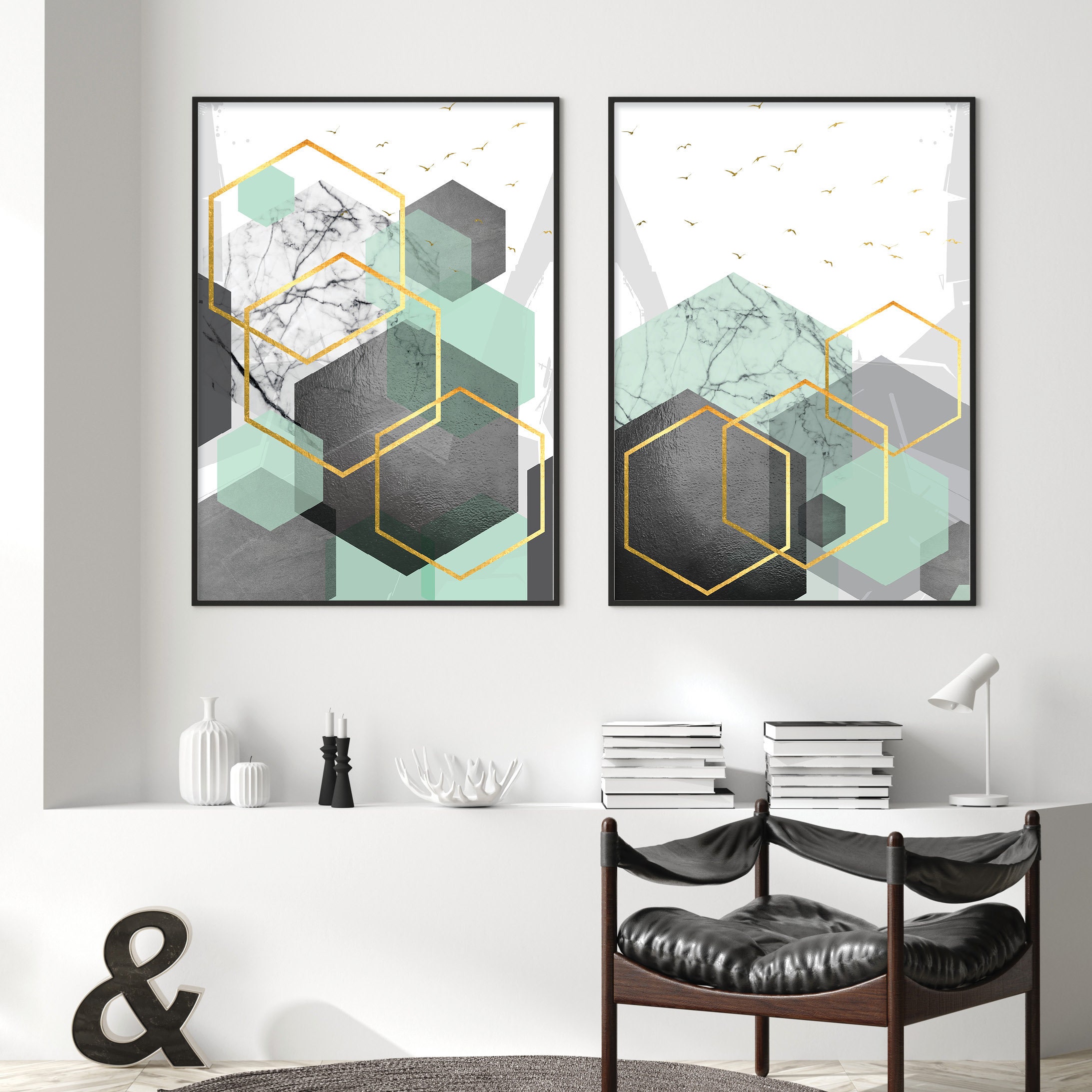 Set of 2 Mint Green Grey Gold Downloadable Geometric Prints - Etsy ...