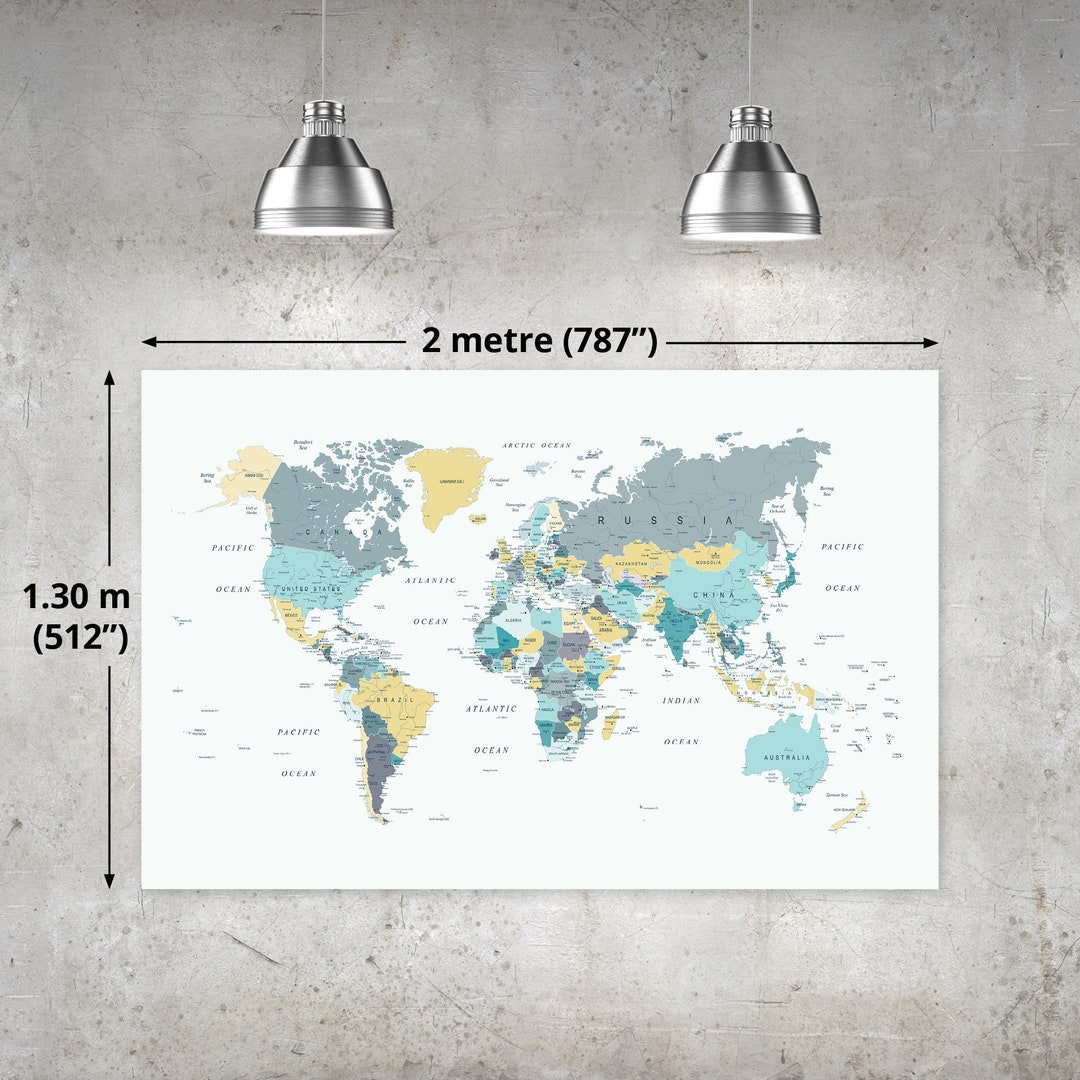 World Map Digital Download in Teal and Yellow Map of the - Etsy