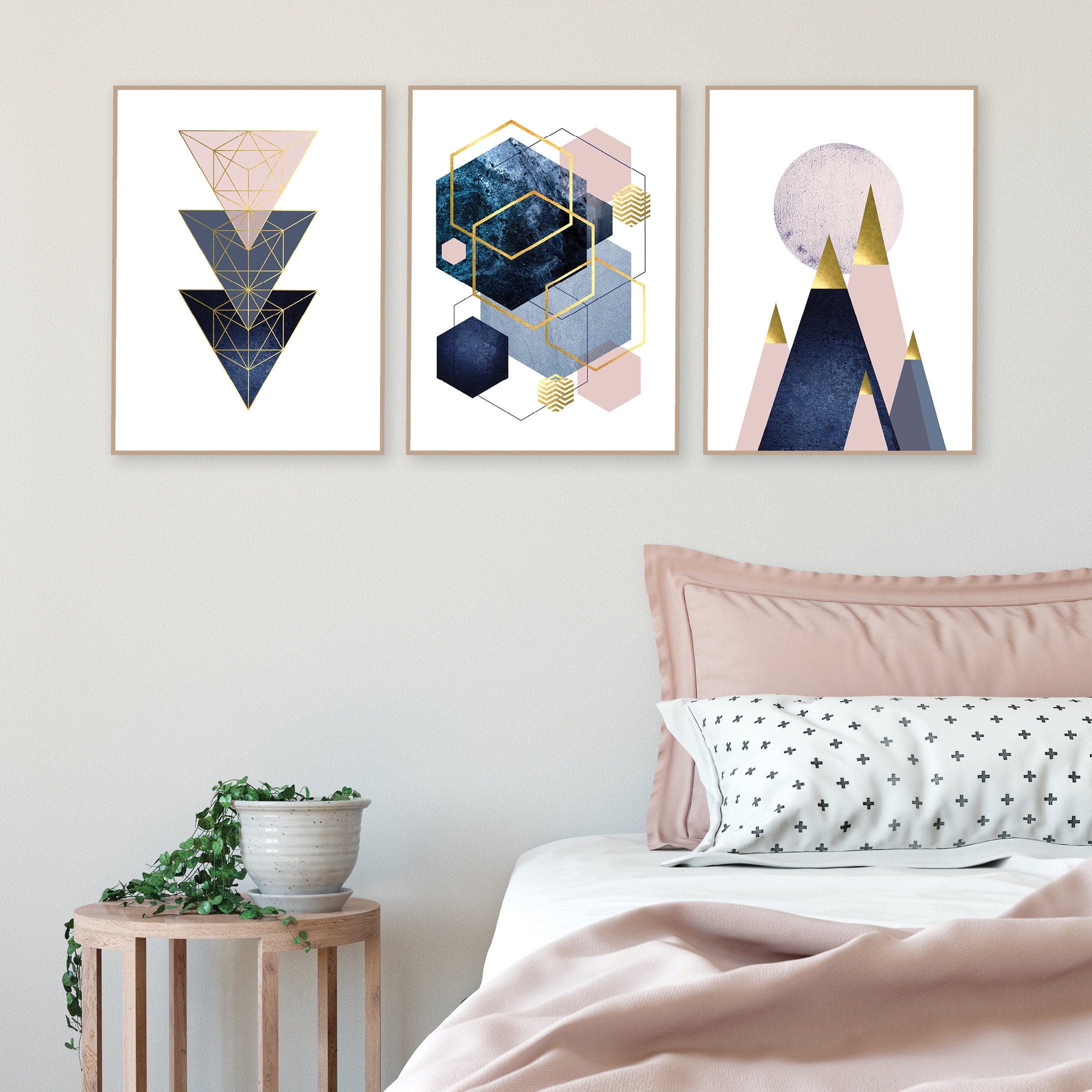 Set of 3 printable blush pink navy blue gold posters Living | Etsy