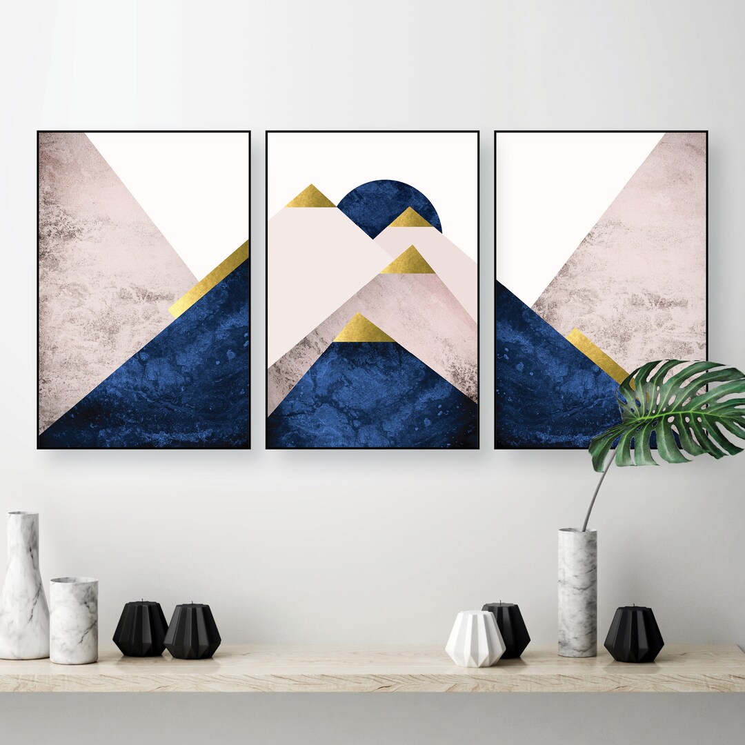 Blush Pink Navy Gold Printable Art Set of 3 Downloadable Mountain ...