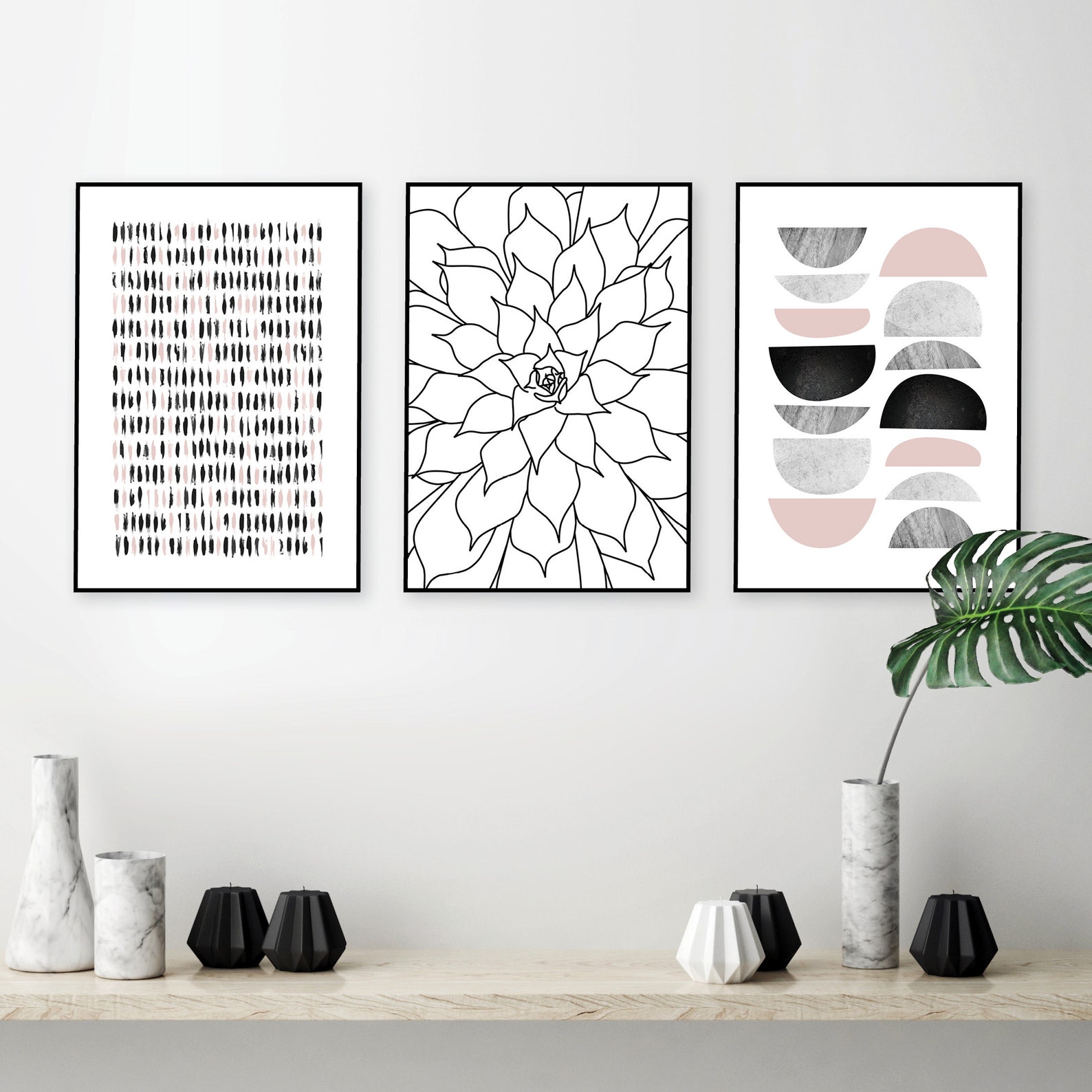 Printable art Downloadable prints Set of 3 blush pink grey | Etsy