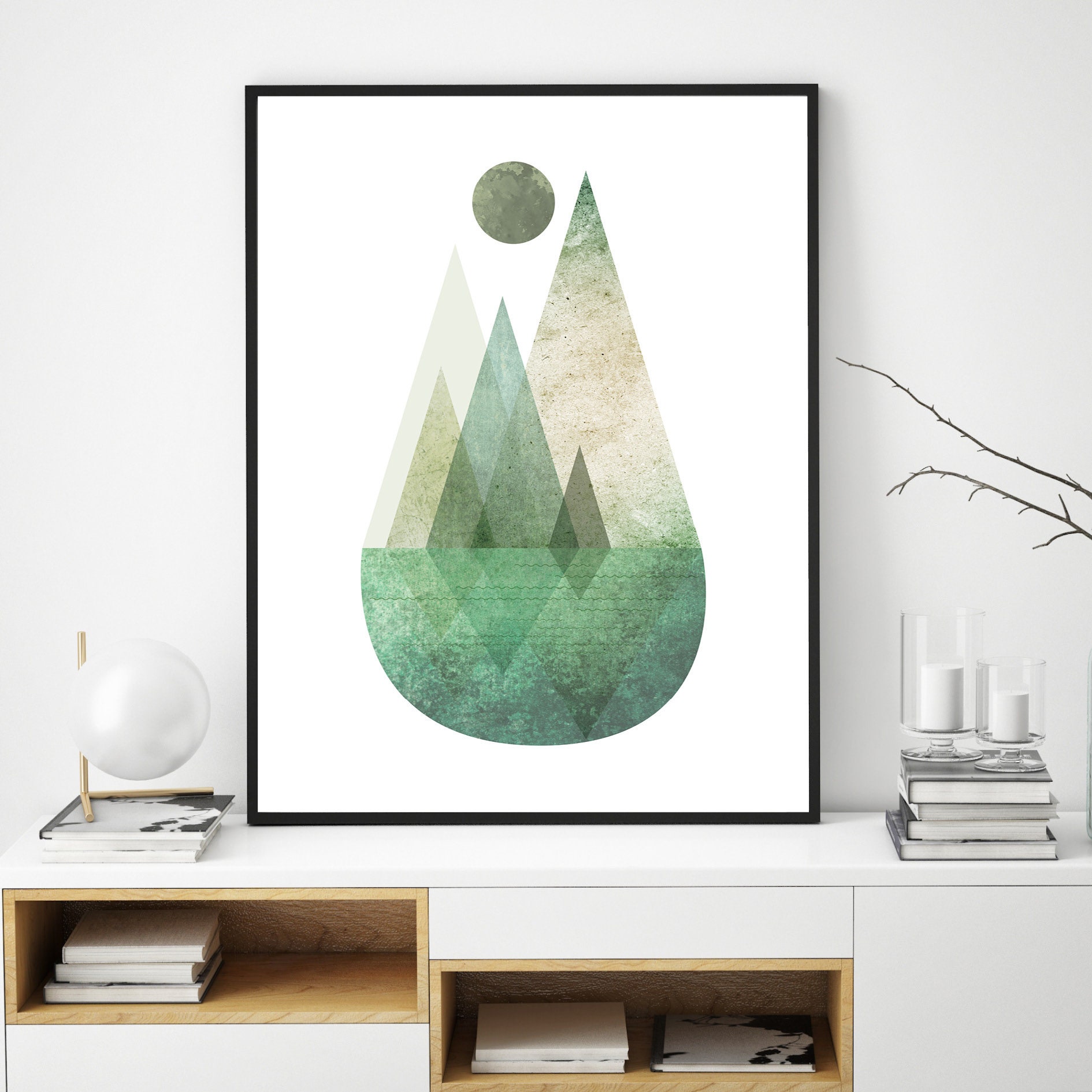 Nordic mountain printable poster green Scandinavian mountains | Etsy