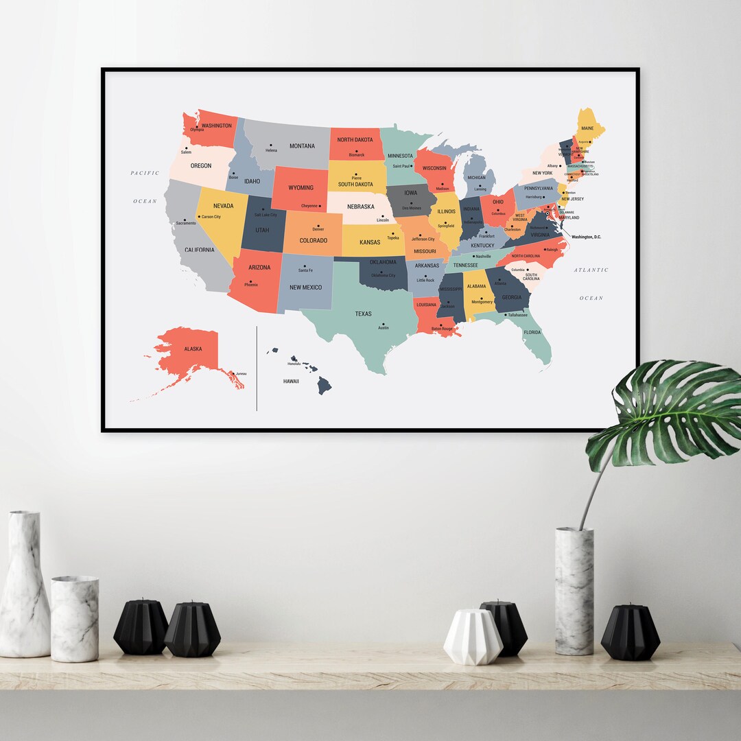 Printable US Map Poster Happy Colors Downloadable Large Dorm - Etsy ...