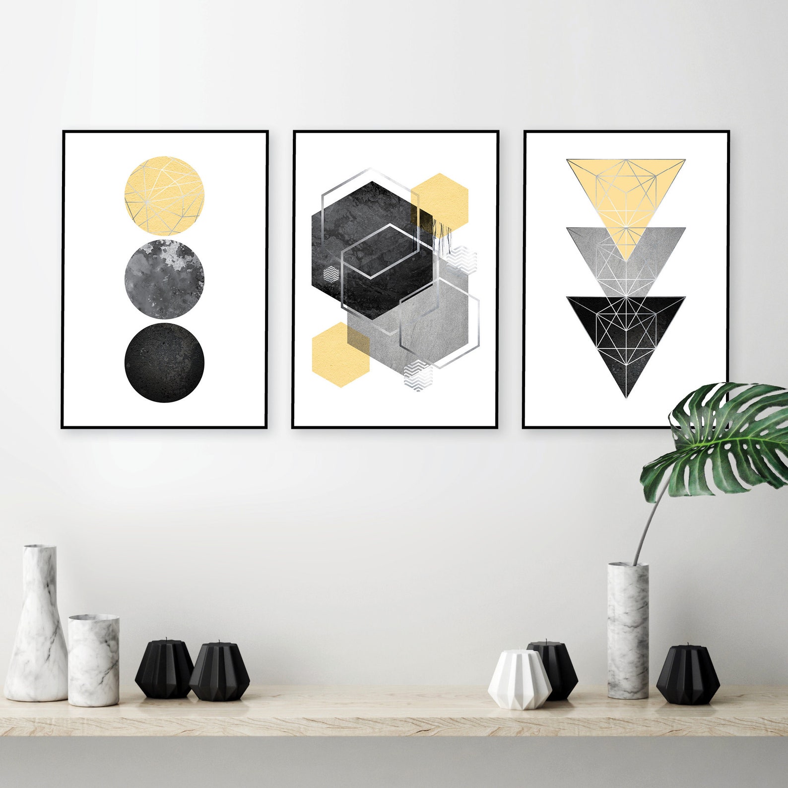 Geometric Art Downloads in Yellow Grey Black Silver Printable | Etsy