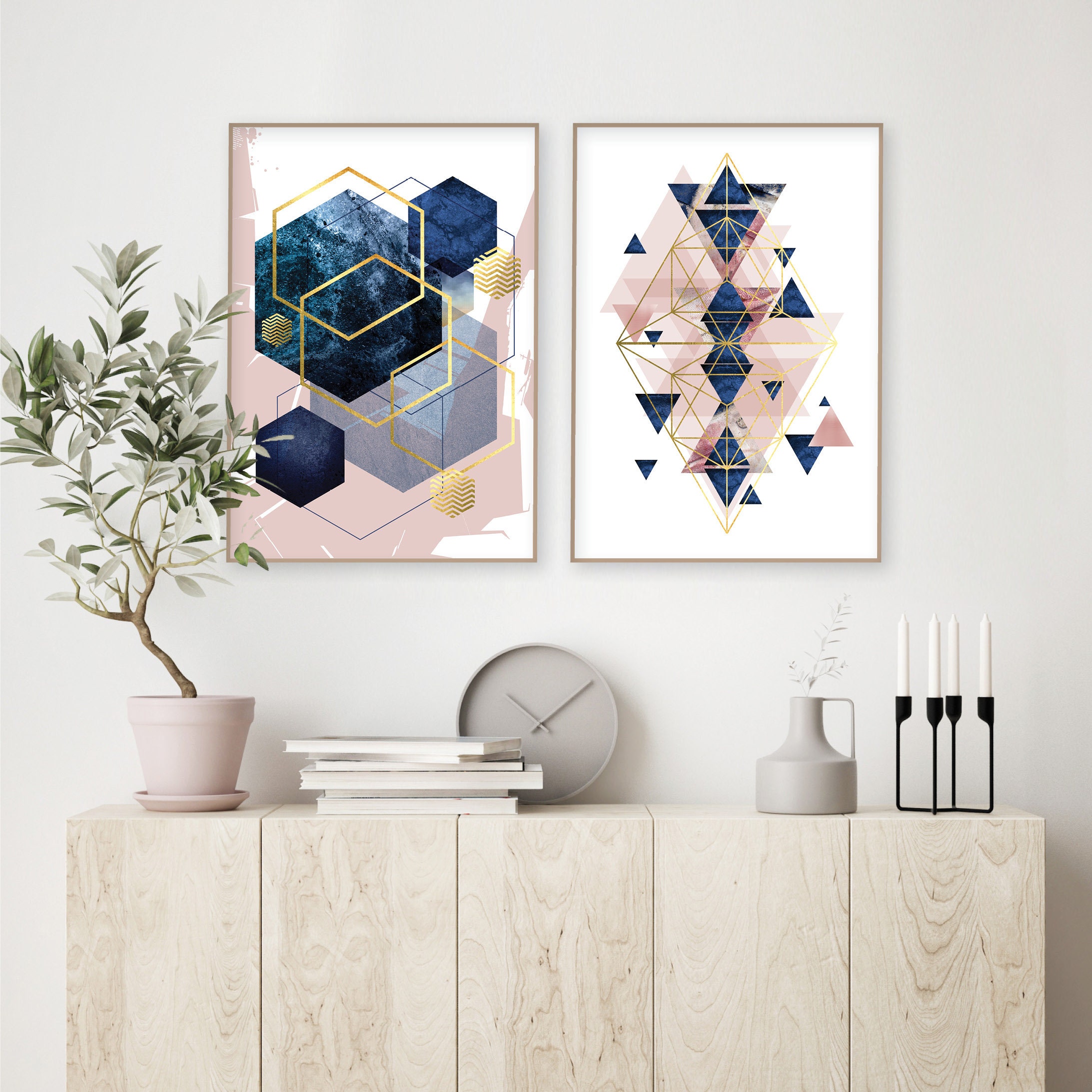 Set of 2 Printable Blush Pink Navy Gold Geometric Prints - Etsy