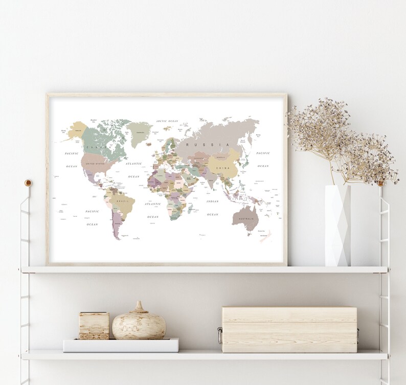 Small World Map Printable Poster Warm Neutral Colors - Etsy Australia