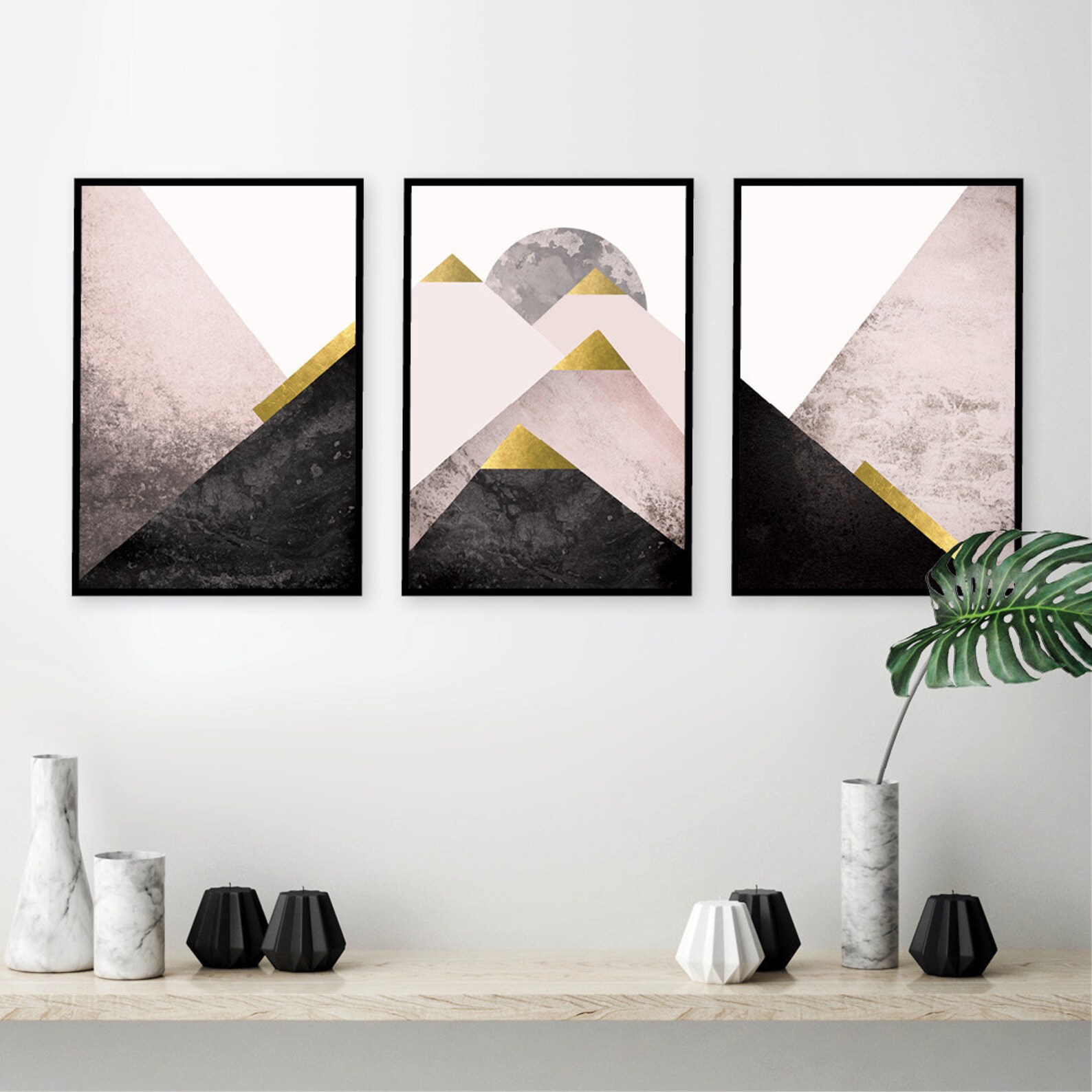 Instant Download Set of 3 Scandi Mountains in Blush Pink Black Gold ...