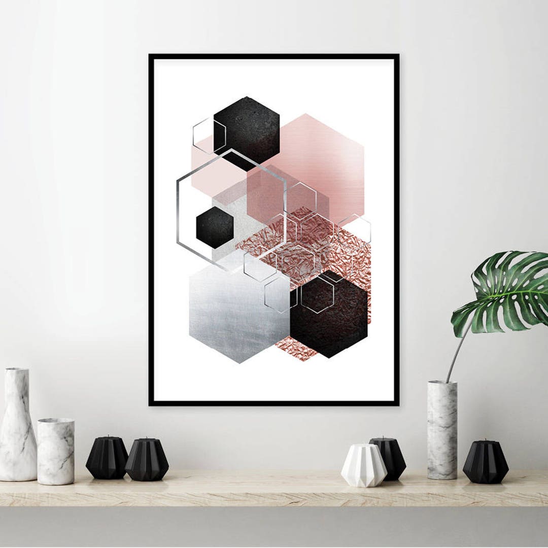 Downloadable Print, Pink Grey, Silver, Printable Art, Geometric ...
