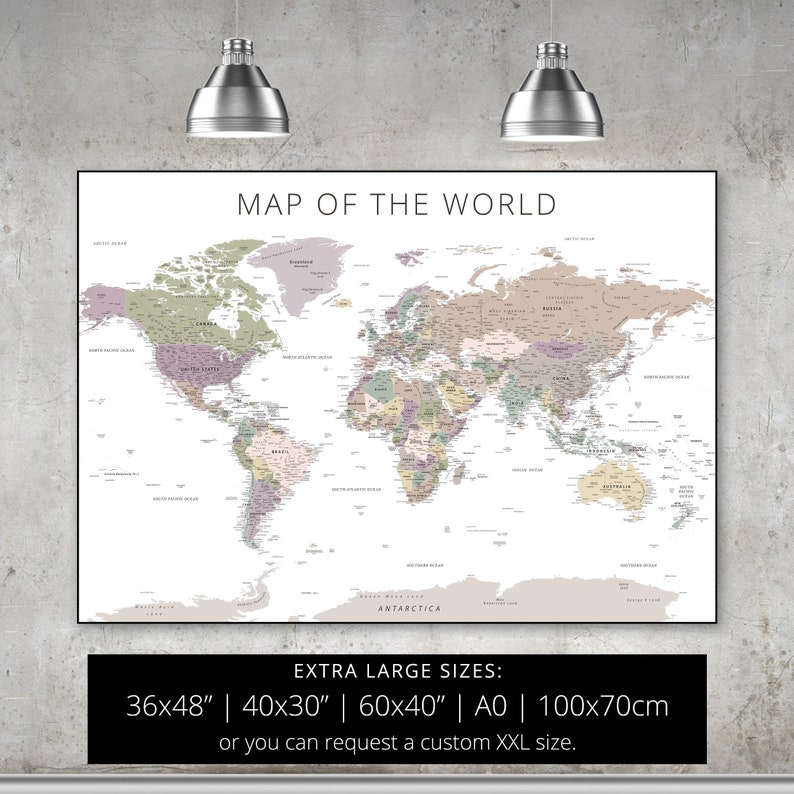 Highly Detailed Printable World Map Poster in Muted Neutral - Etsy Australia