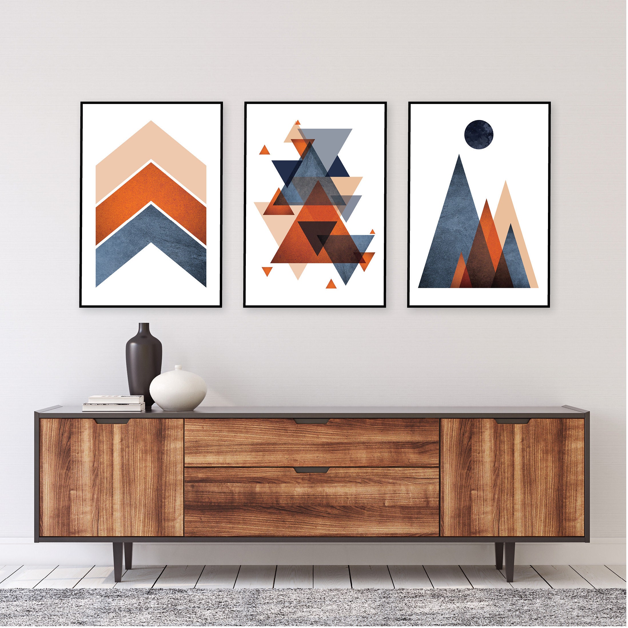 Set of 3 Navy Blue and Burnt Orange Printable Wall Art - Etsy Australia