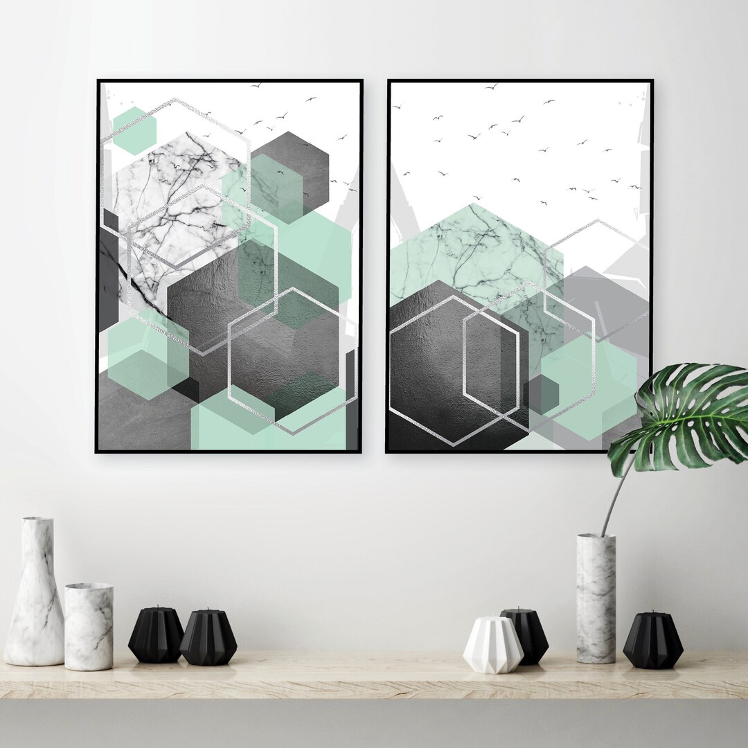 Set of 2 Digital Downloads, Mint Green Silver Grey Printable Wall Art ...