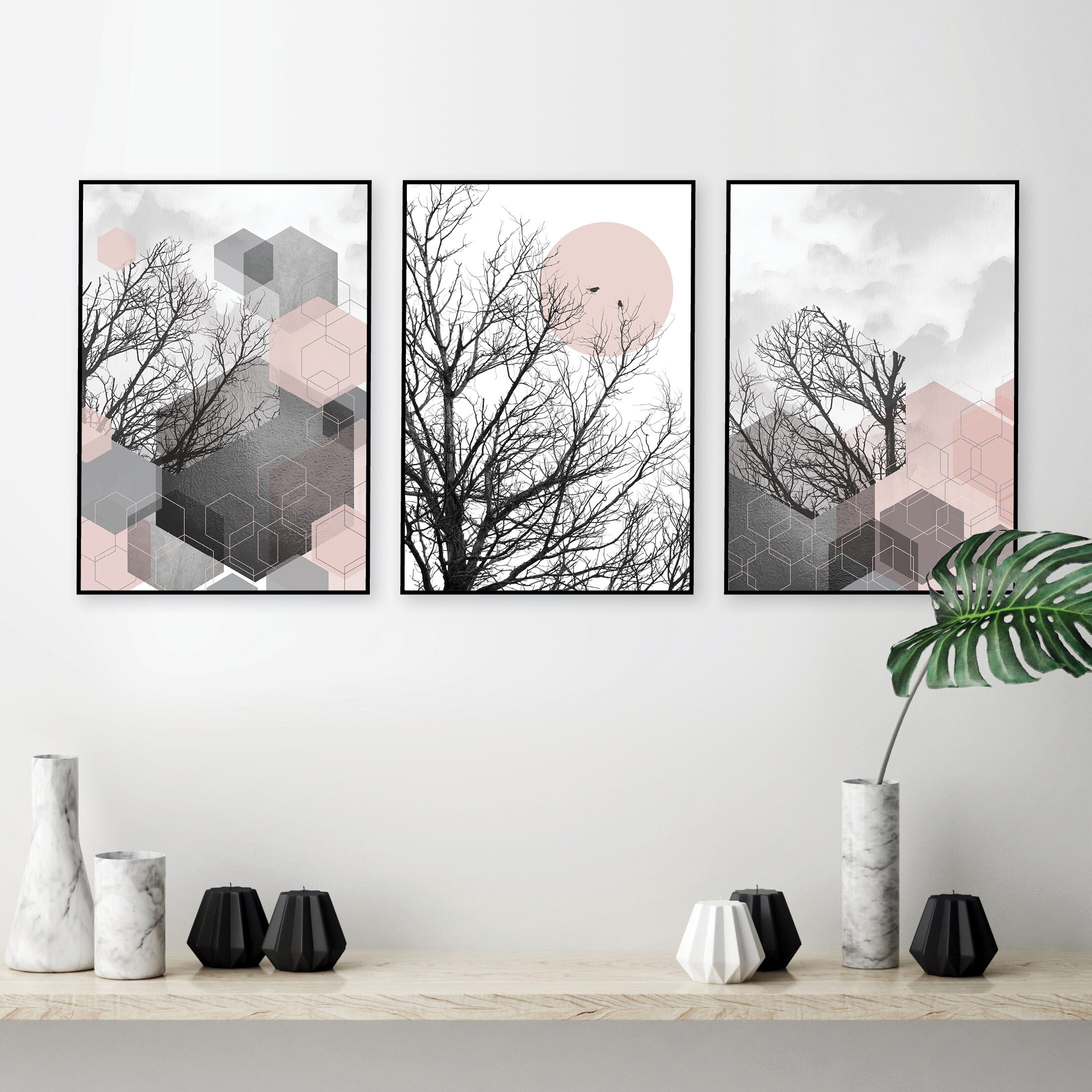 Printable Art Set of 3 Blush Pink Grey Geometric Posters - Etsy Australia