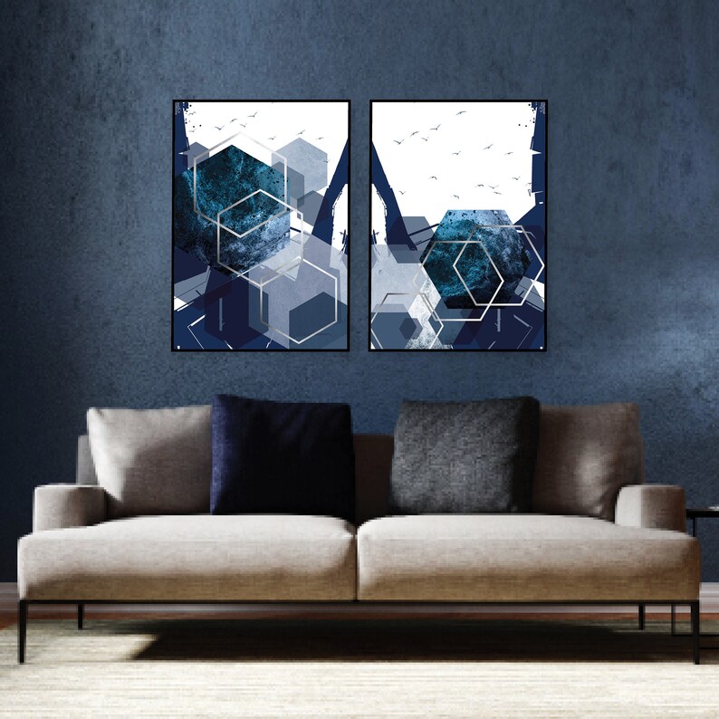 Set of 2 Printable Abstract Geometric Prints in Navy Blue - Etsy