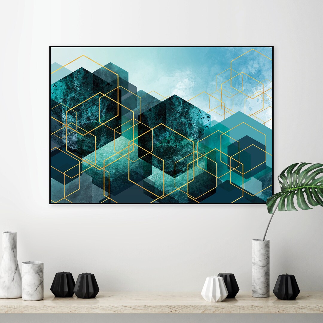 Abstract Geometric Printable Art Teal Gold, Downloadable Print ...