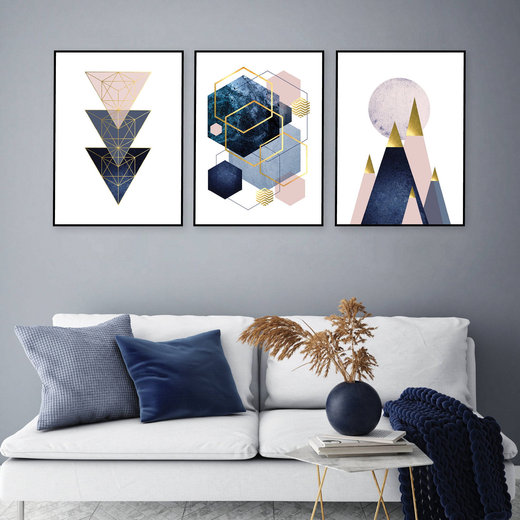 Set of 3 printable blush pink navy blue gold posters Living | Etsy