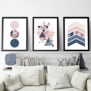 Printable Art, Blush, Navy, Set of 3, Geometric Navy Blush, Blue Blush ...