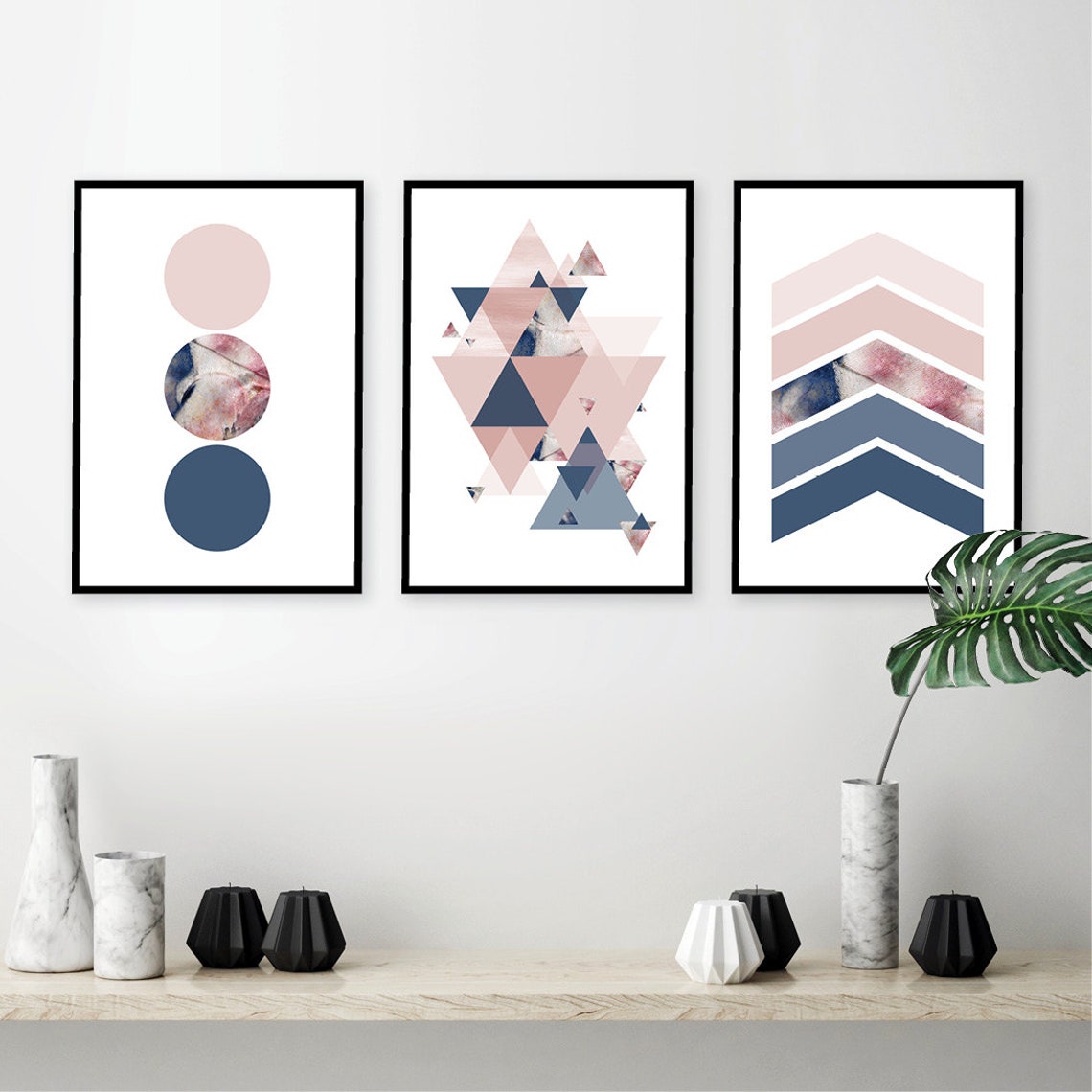 Printable Art, Blush, Navy, Set of 3, Geometric Navy Blush, Blue Blush ...