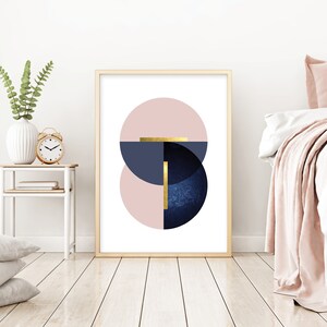 Printable Blush Pink Navy Blue Gold Artwork, Downloadable Geometric ...