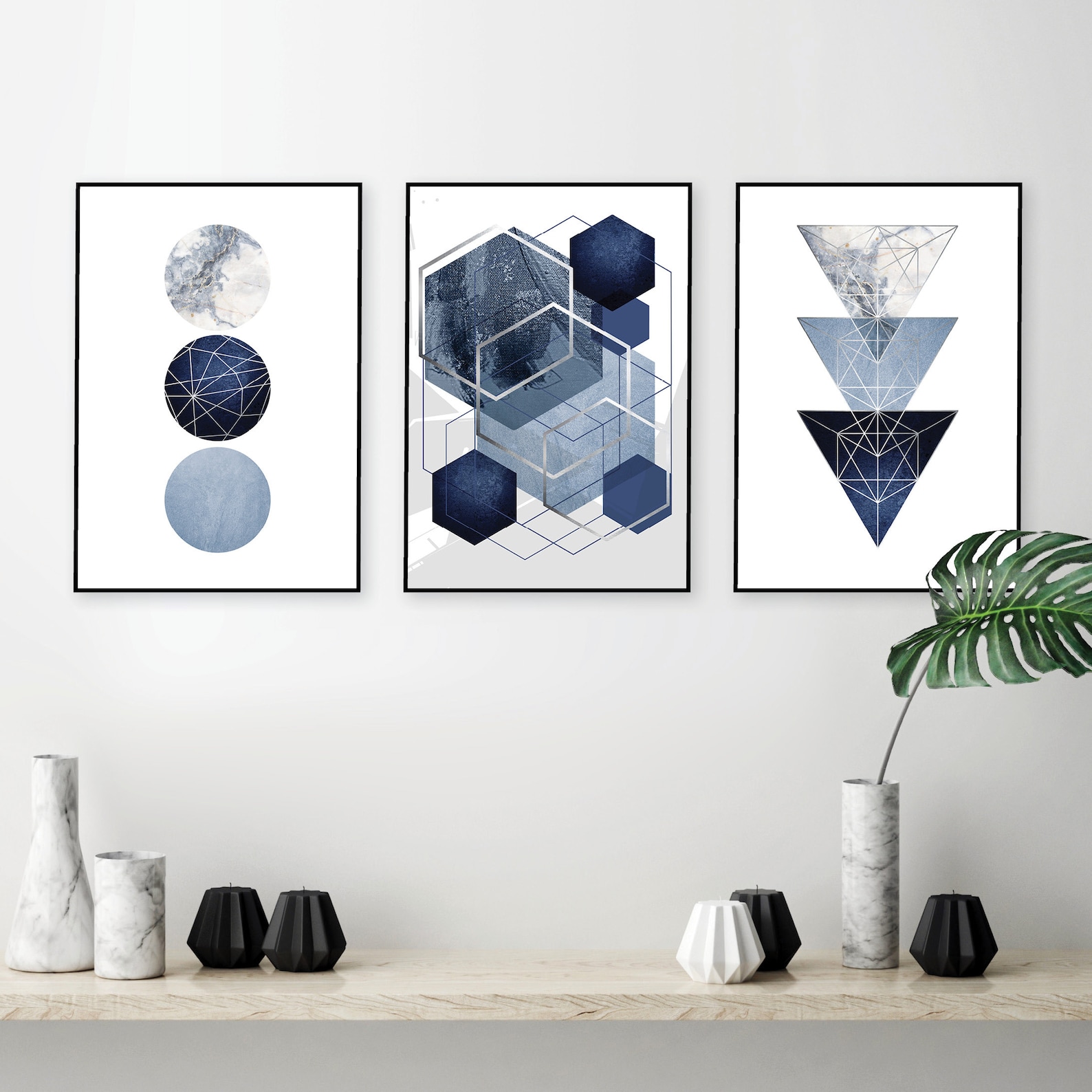 Navy Blue Silver Grey Geometric Printable Art Set of 3 Navy | Etsy