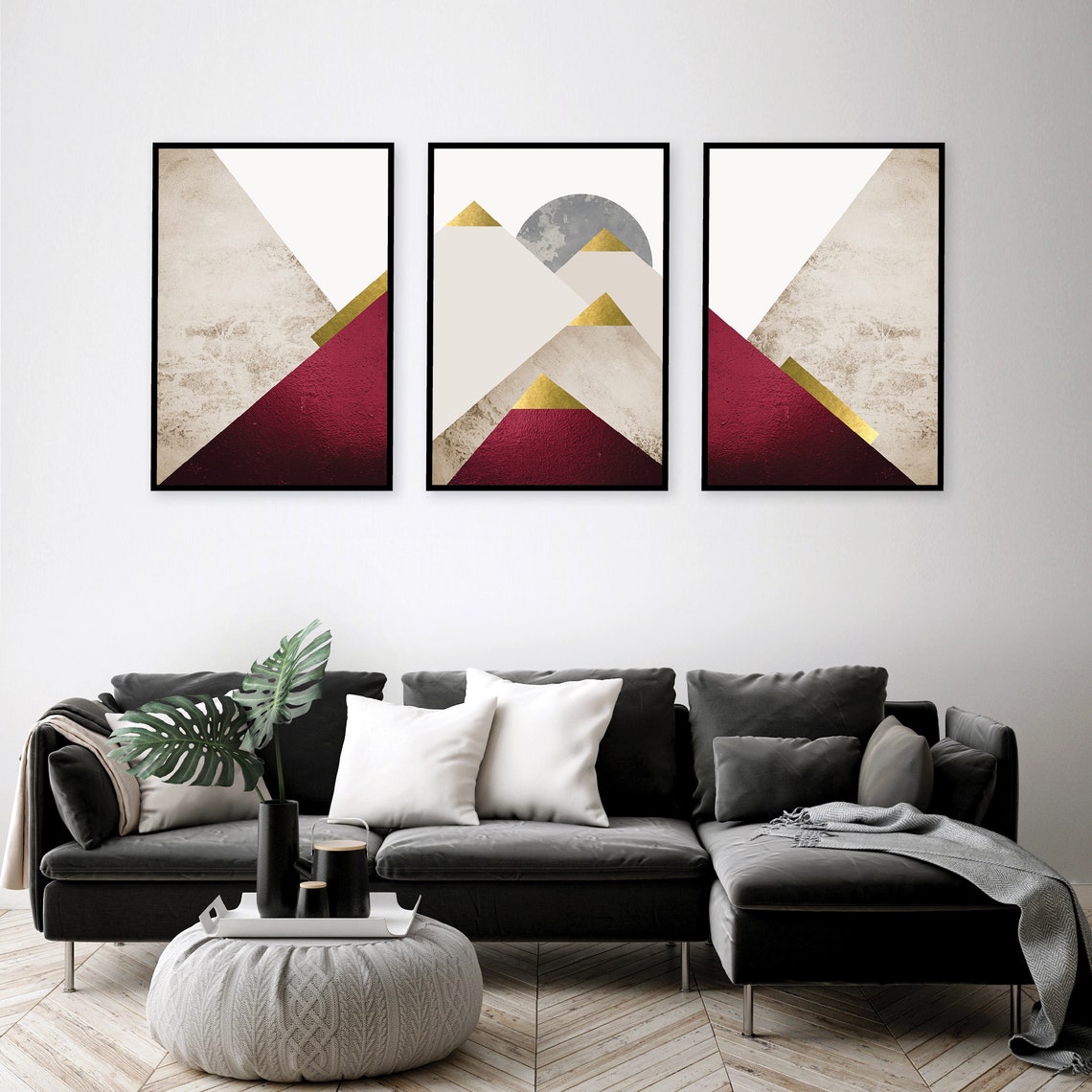 Burgundy Printable Mountains Triptych Trio of Downloadable | Etsy