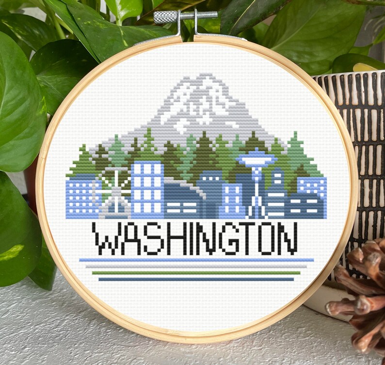 Cross Stitch Pattern PDF - Washington Skyline Pattern - Seattle WA, Mt ...