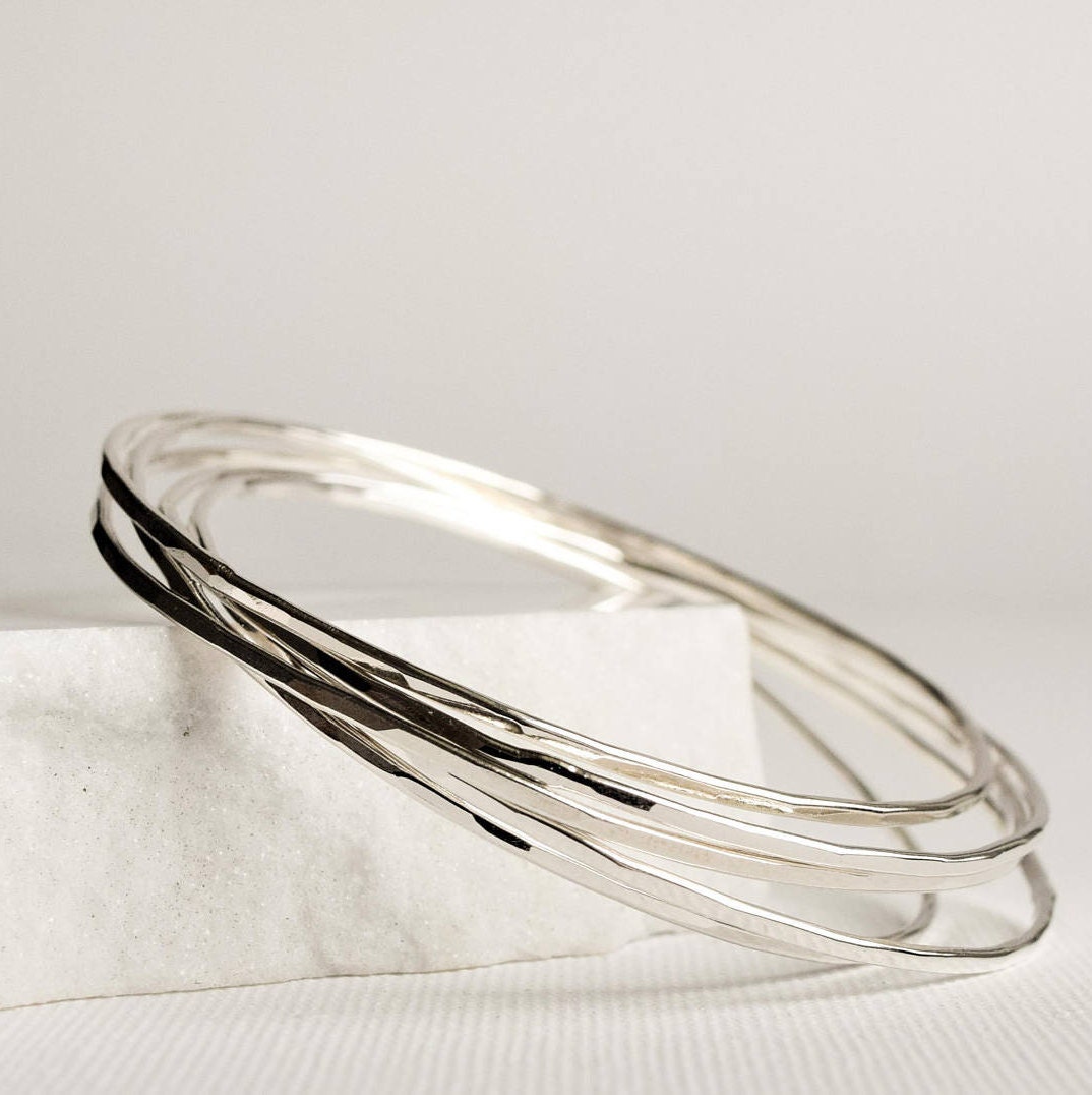 Silver Bangle Stacking Bangles Silver Hammered Bracelet - Etsy UK