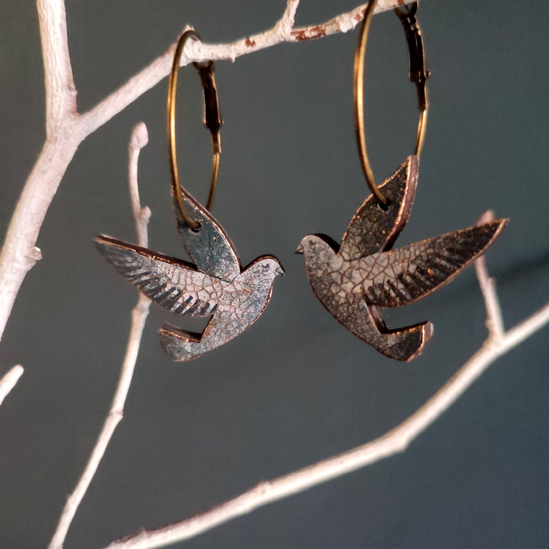 Blue Dove Hoop Earrings: Crackle Glaze, Antiqued Bronze - Etsy