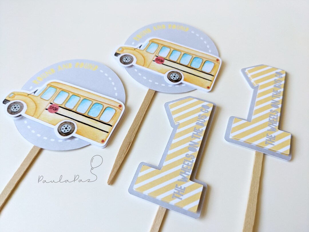 School Bus Cupcake Toppers, Wheels on the Bus Party Decor, School Bus ...