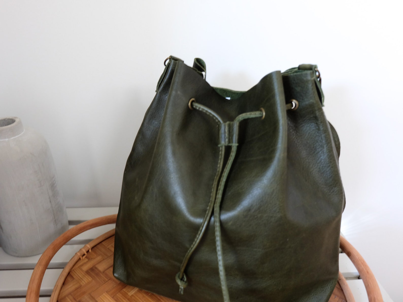 Green Convertible Bucket Bag, Leather Bucket Backpack, Leather ...