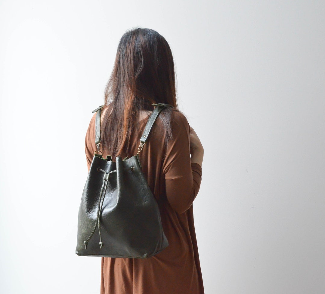 Green Convertible Bucket Bag, Leather Bucket Backpack, Leather ...