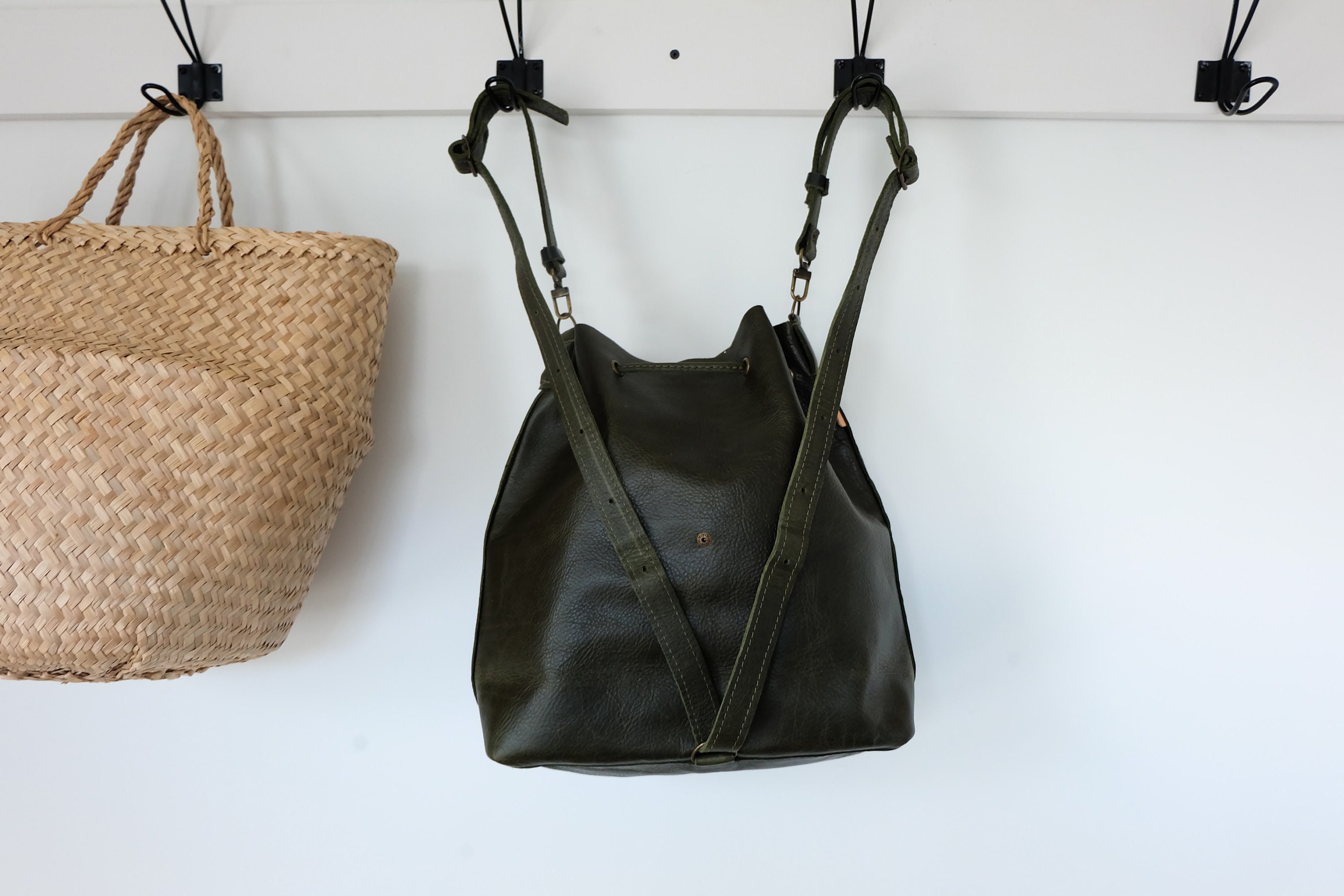 Green Convertible Bucket Bag, Leather Bucket Backpack, Leather ...