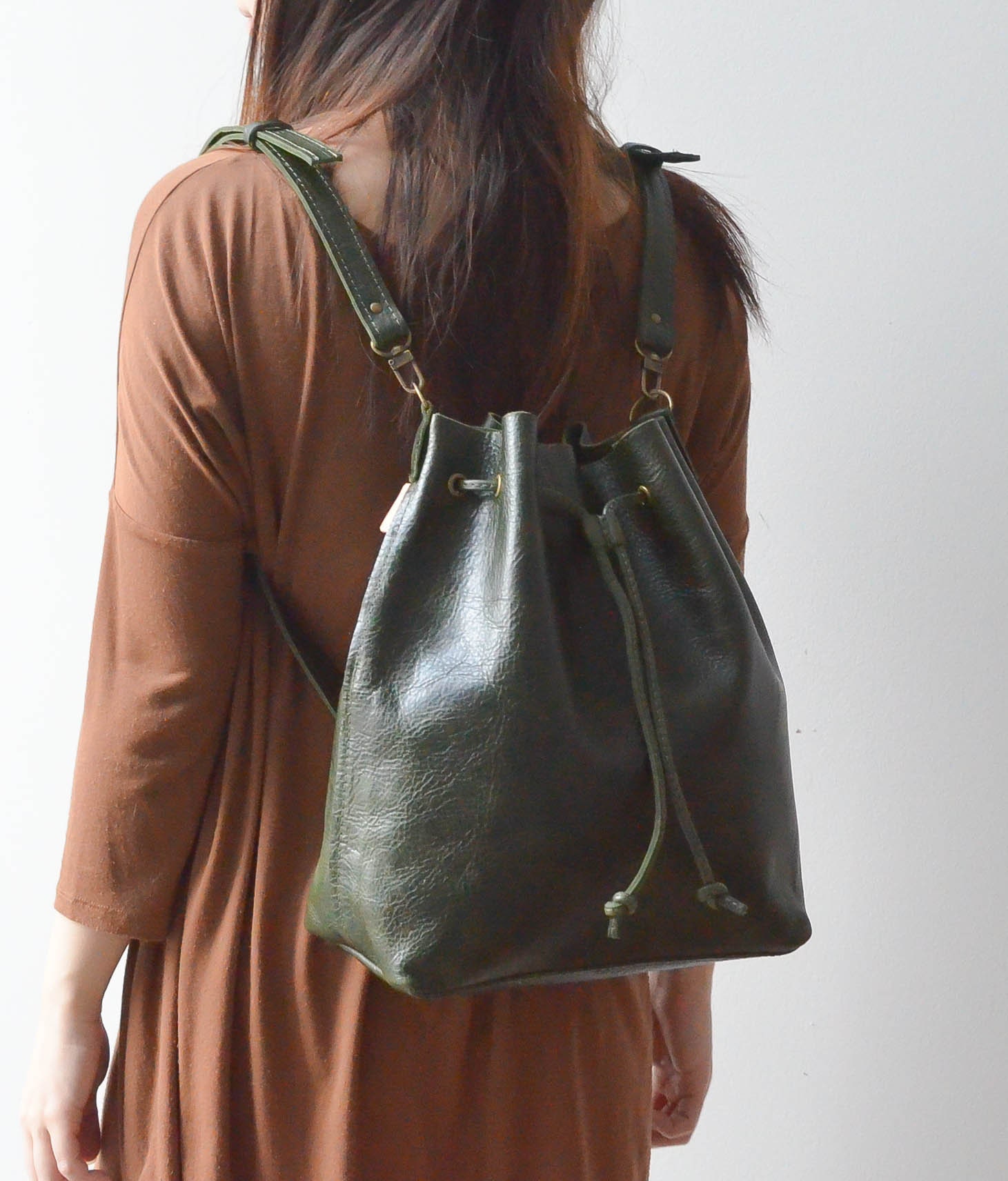 Green Convertible Bucket Bag, Leather Bucket Backpack, Leather ...